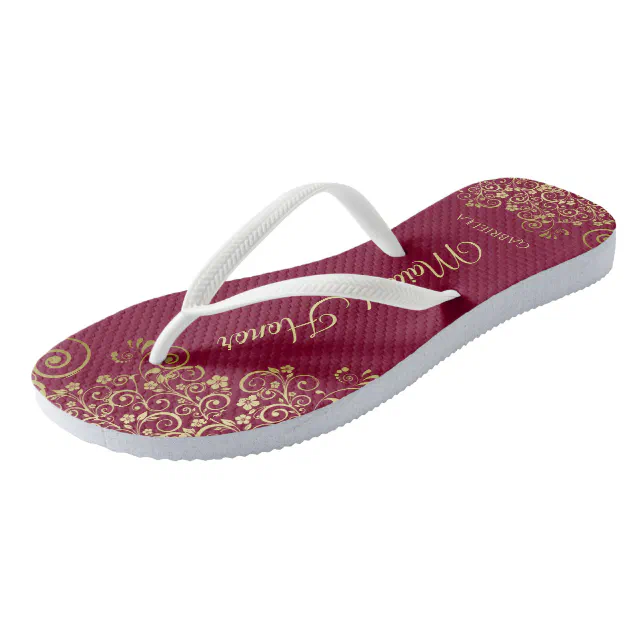 Gold Lace on Burgundy Maroon Maid of Honor Wedding Flip Flops | Zazzle