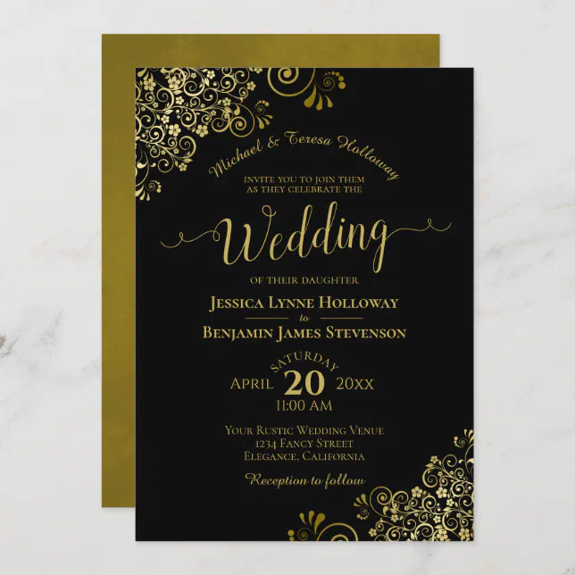 Gold Lace on Classic Black Elegant Formal Wedding Invitation | Zazzle
