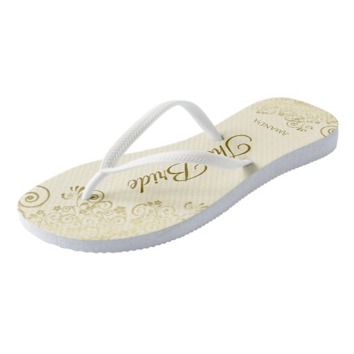 Gold Lace on Ivory Cream The Bride Elegant Wedding Flip Flops | Zazzle