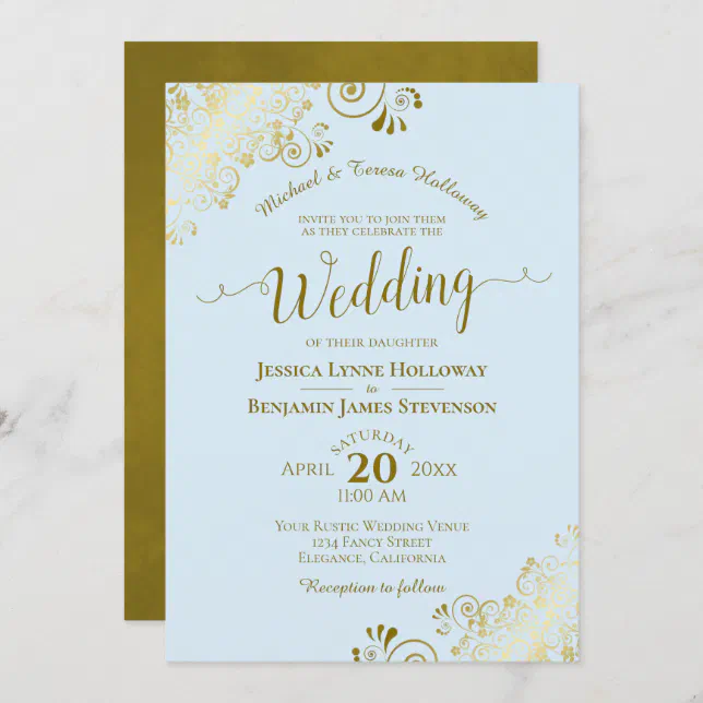 Gold Lace on Powder Blue Elegant Formal Wedding Invitation | Zazzle