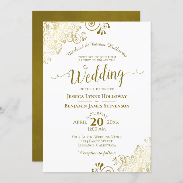 Gold Lace on White Elegant Formal Wedding Invitation | Zazzle