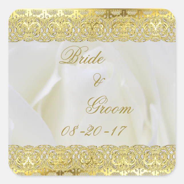 Gold Lace on White Rose Wedding Square Sticker | Zazzle