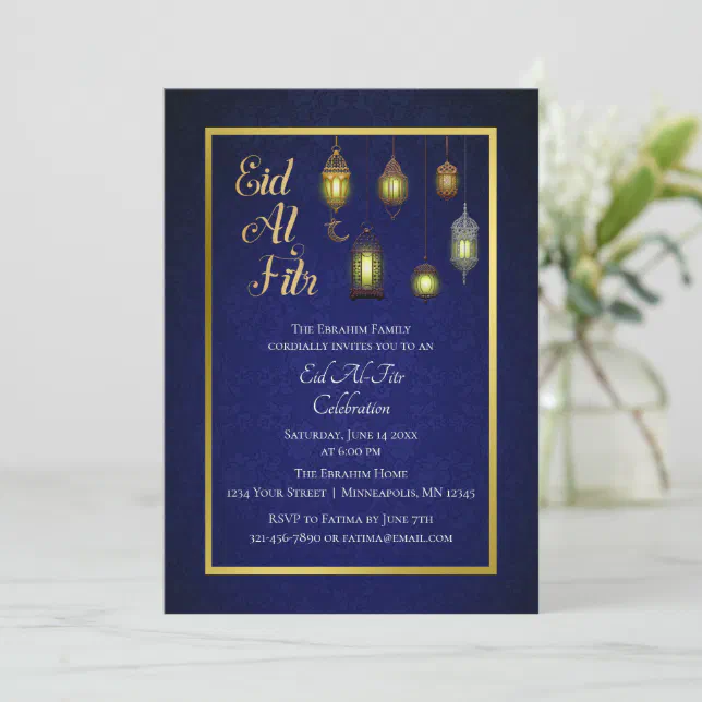 Gold Lamps on Blue Damask | Eid Al Fitr Invitation | Zazzle
