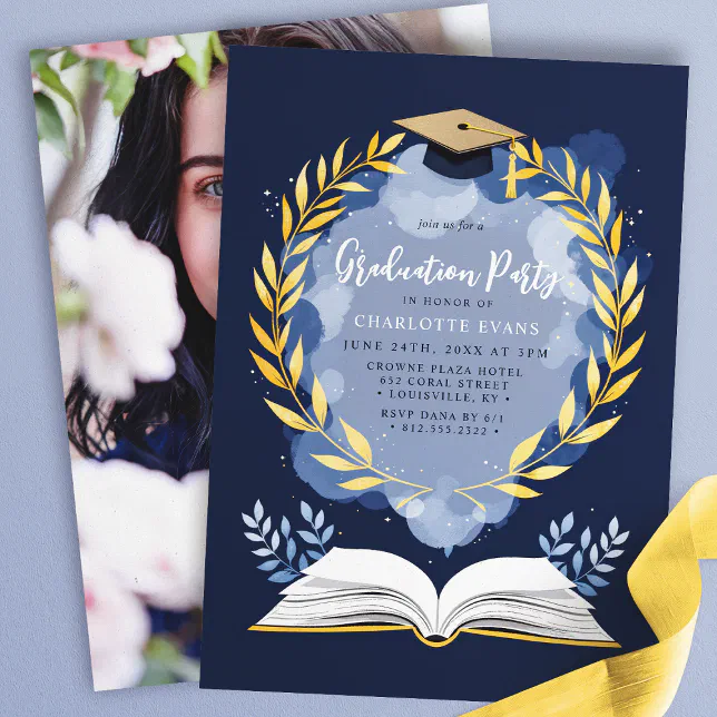 Gold Laurel Navy Blue Graduation Party Photo Invitation | Zazzle