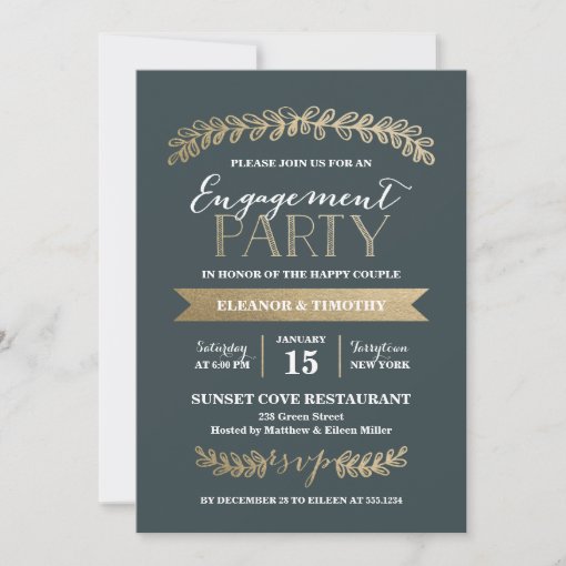 Gold Laurels Slate Engagement Party Invitation | Zazzle
