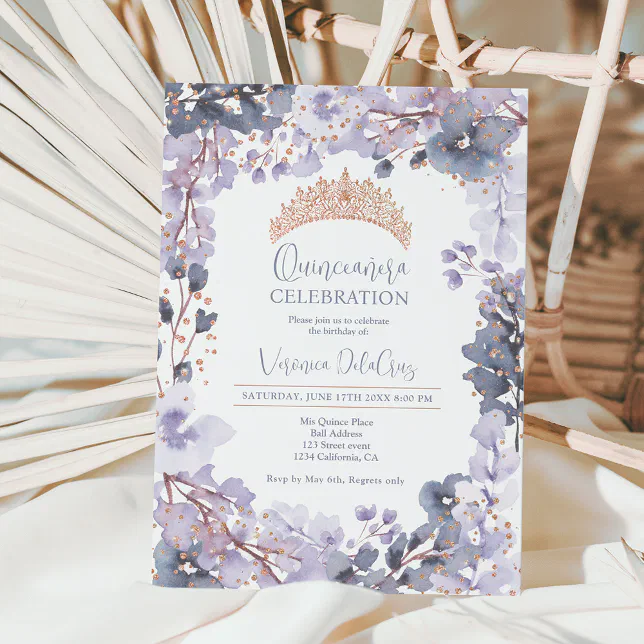 Gold lavender floral tiara princess Quinceanera Invitation | Zazzle