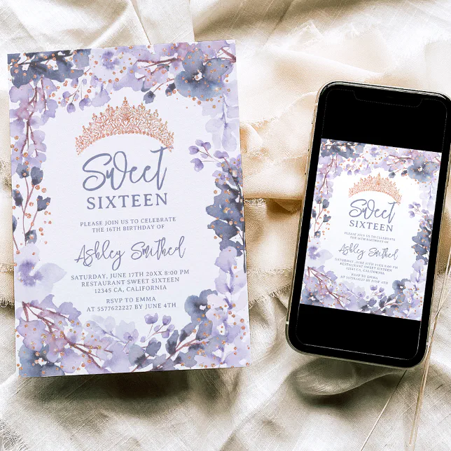 Gold lavender floral tiara princess Sweet 16 Invitation | Zazzle