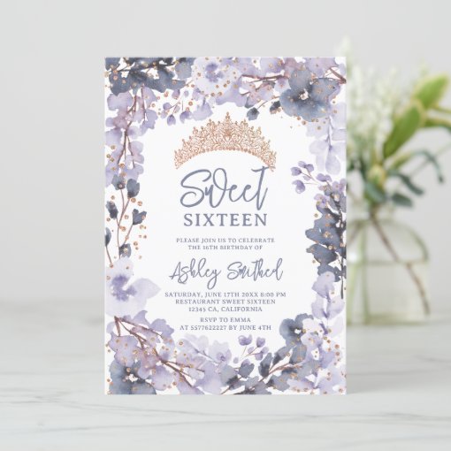 Gold lavender floral tiara princess Sweet 16 Invitation | Zazzle