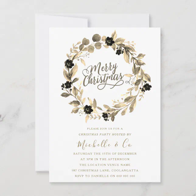 Gold Lead Wreath Office Family Christmas Party Invitation | Zazzle