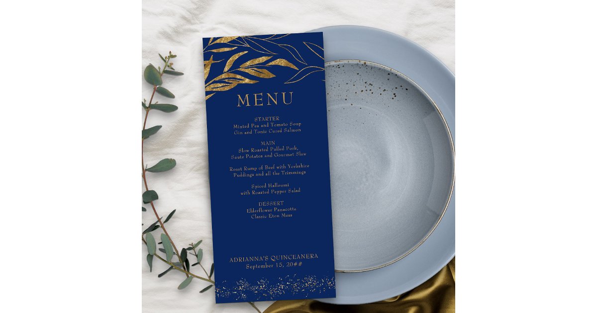 Gold Leaf and Confetti Royal Blue Menu | Zazzle