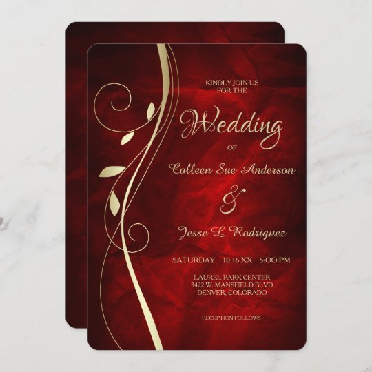 Gold Leaf Swirl Deep Red Wedding Invitation | Zazzle.com