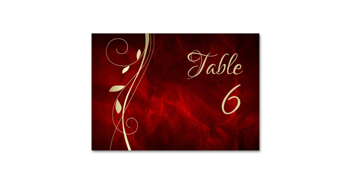 Gold Leaf Swirl Deep Red Wedding Table Number | Zazzle