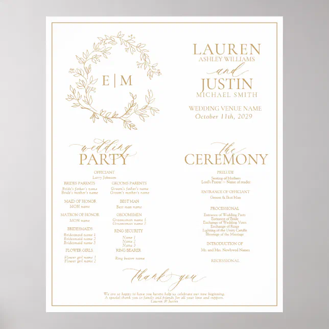 Gold Leafy Crest Monogram Wedding Program Poster | Zazzle