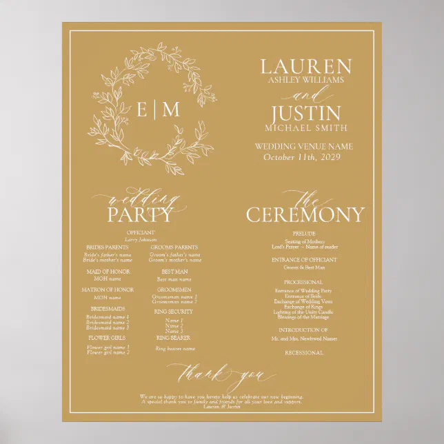 Gold Leafy Crest Monogram Wedding Program Poster | Zazzle