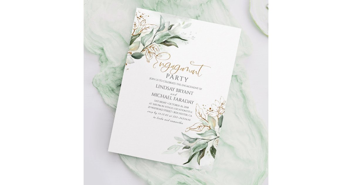 Gold Leaves Greenery Elegant Engagement Party Invitation | Zazzle