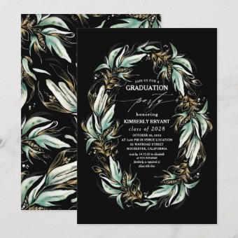 Gold Leaves Greenery Wreath Black Graduation Invitation | Zazzle