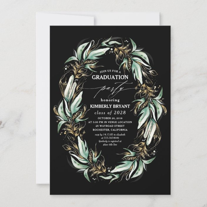 Gold Leaves Greenery Wreath Black Graduation Invitation | Zazzle.com