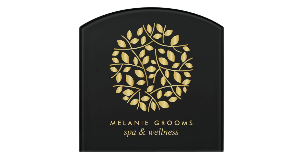 Gold leaves logo | Black | Yoga wellness massage Door Sign | Zazzle