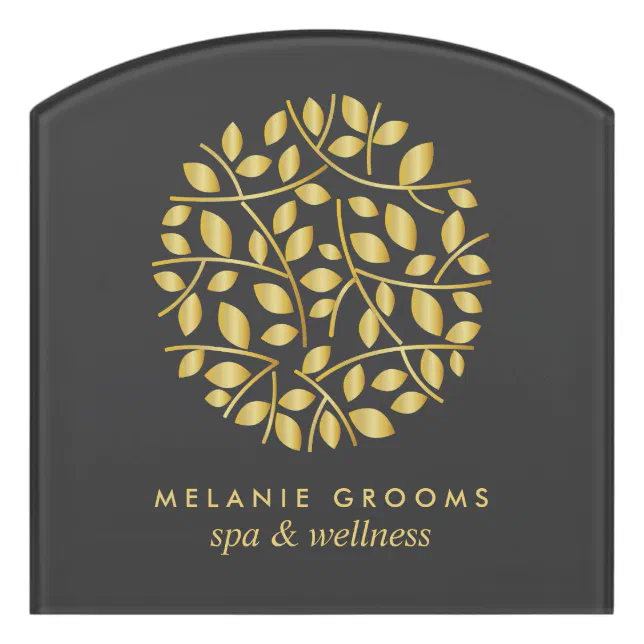 Gold leaves logo | Grey | Yoga wellness massage Door Sign | Zazzle