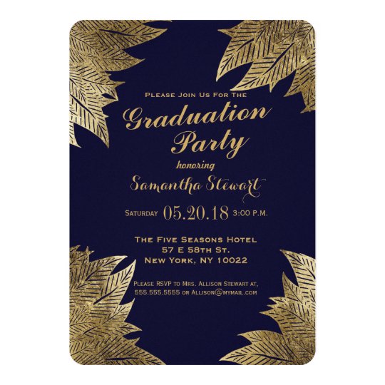 Gold Leaves on Navy Blue Graduation Party Invites | Zazzle.com