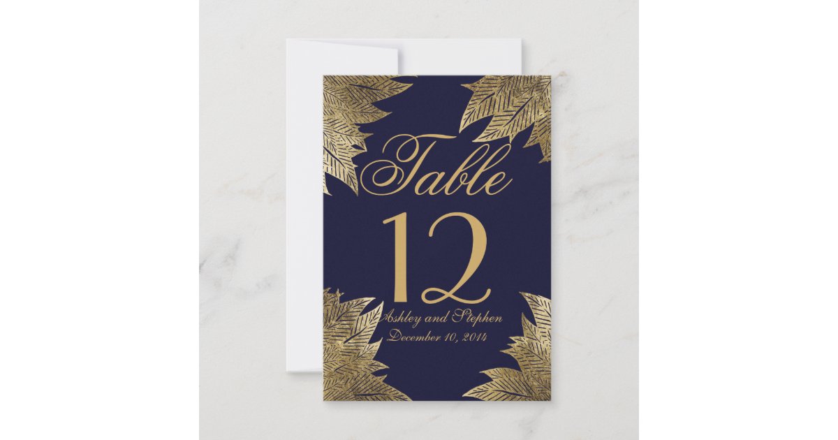 Gold Leaves on Navy Blue Table Numbers | Zazzle