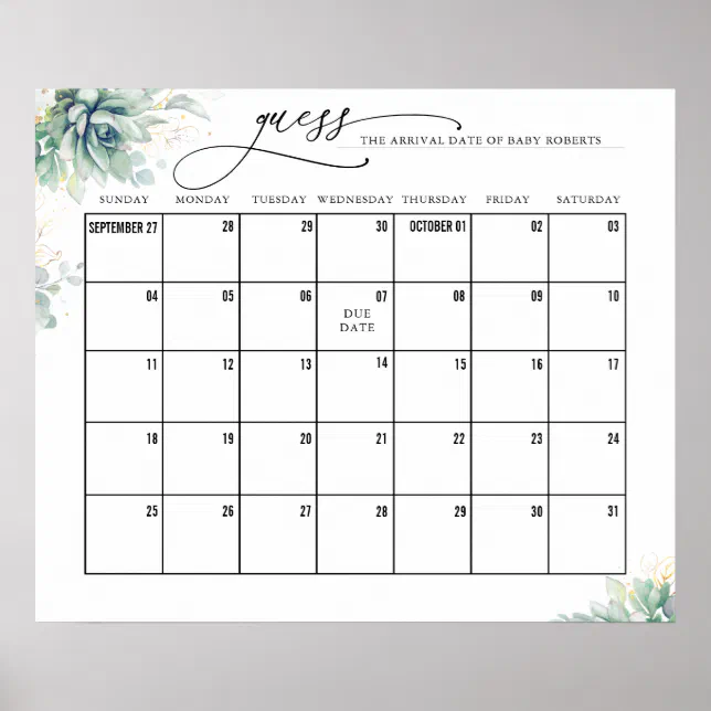 Gold Leaves Succulents Guess Due Date Calendar Poster | Zazzle