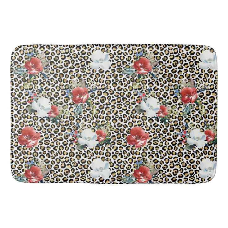 Gold Leopard Print Floral Bath Mat | Zazzle