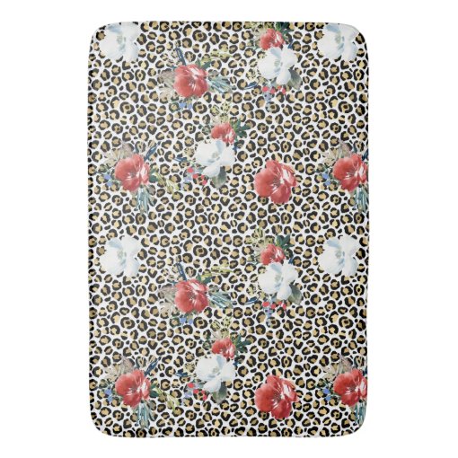 Gold Leopard Print Floral Bath Mat | Zazzle