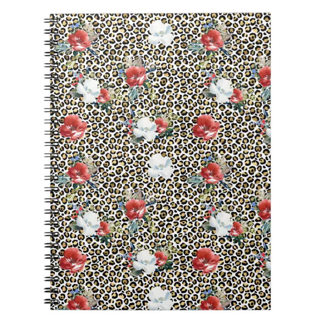 Gold Leopard Print Red White Floral Notebook | Zazzle