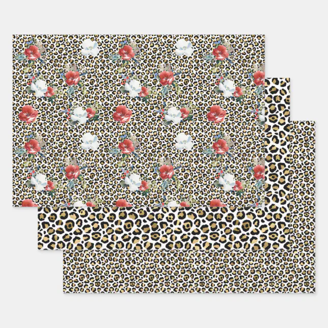 Gold Leopard Print Red White Floral Wrapping Paper Sheets | Zazzle