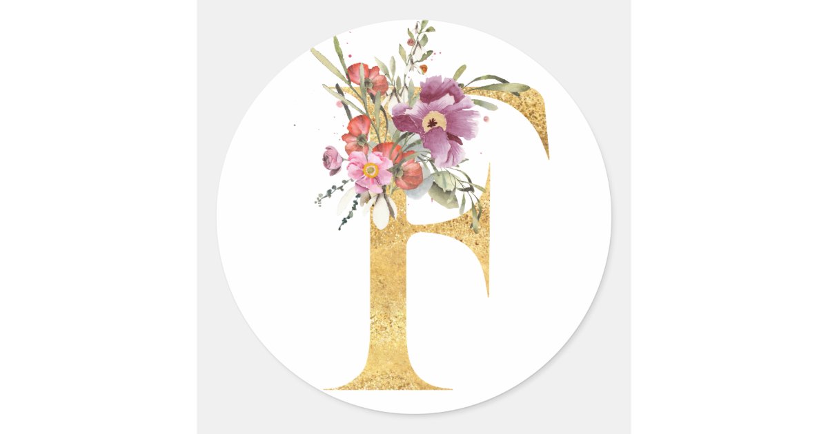 Gold letter F with flowers Classic Round Sticker | Zazzle