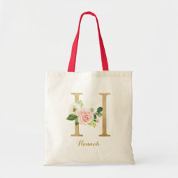 Gold Letter H and Blush Floral Personalized Tote Bag | Zazzle