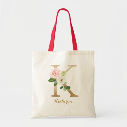 Gold Letter K and Blush Floral Personalized Tote Bag | Zazzle