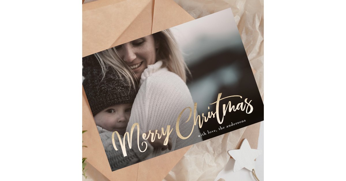 Gold Lettering Overlay Merry Christmas Photo Card | Zazzle