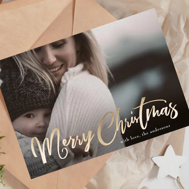 Gold Lettering Overlay Merry Christmas Photo Card | Zazzle