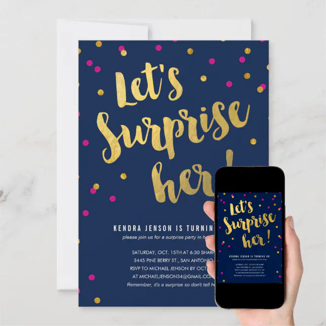 Gold Lettering Surprise Party Invitations for Her | Zazzle