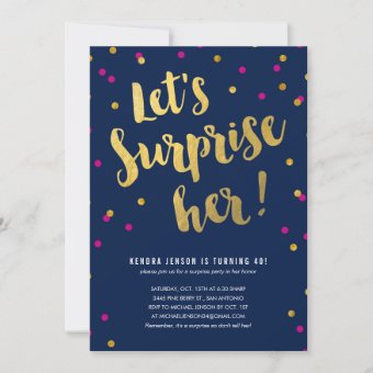 Gold Lettering Surprise Party Invitations for Her | Zazzle