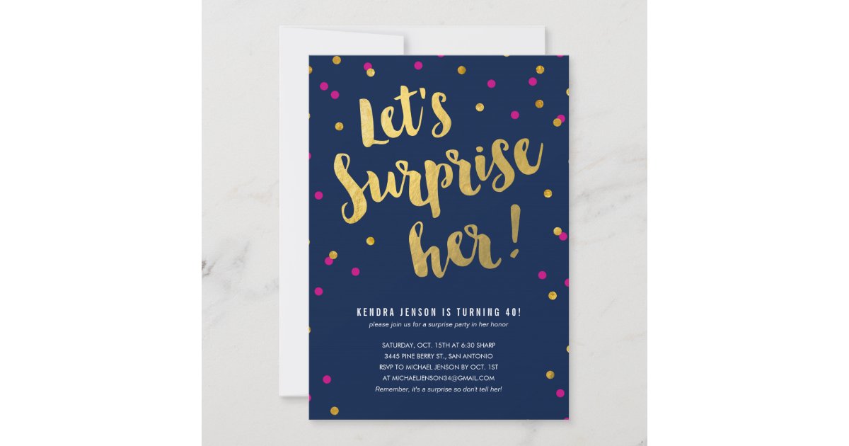 Gold Lettering Surprise Party Invitations for Her | Zazzle