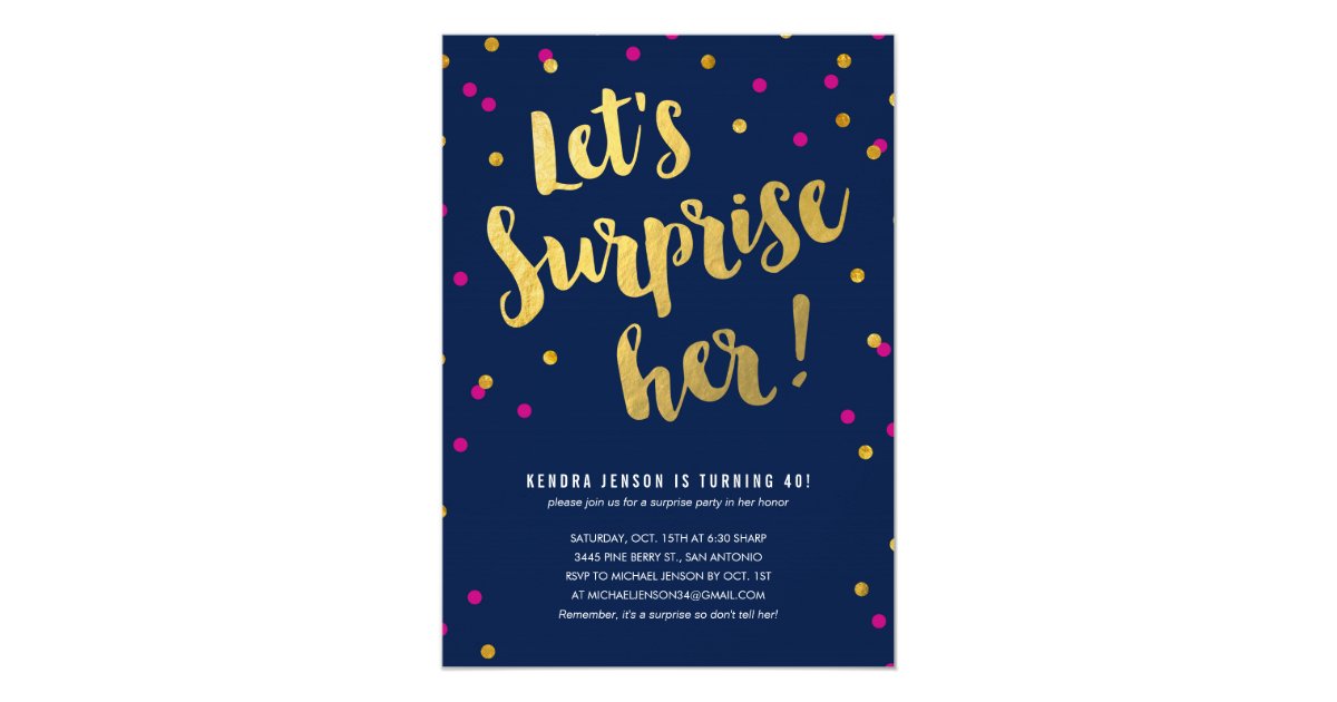 Gold Lettering Surprise Party Invitations for Her | Zazzle.com