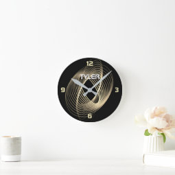Gold Light Spiral, Gold Numbers, DIY Name in White Round Clock | Zazzle