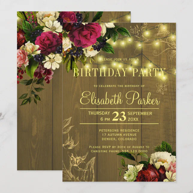 Gold lights wood floral autumn fall birthday party invitation | Zazzle
