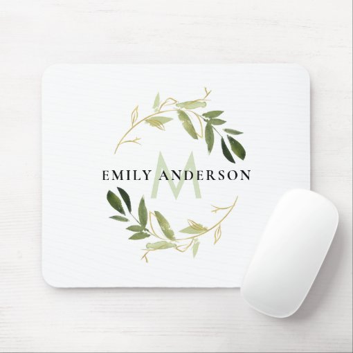 GOLD LIME GREEN FOLIAGE WATERCOLOR WREATH MONOGRAM MOUSE PAD | Zazzle