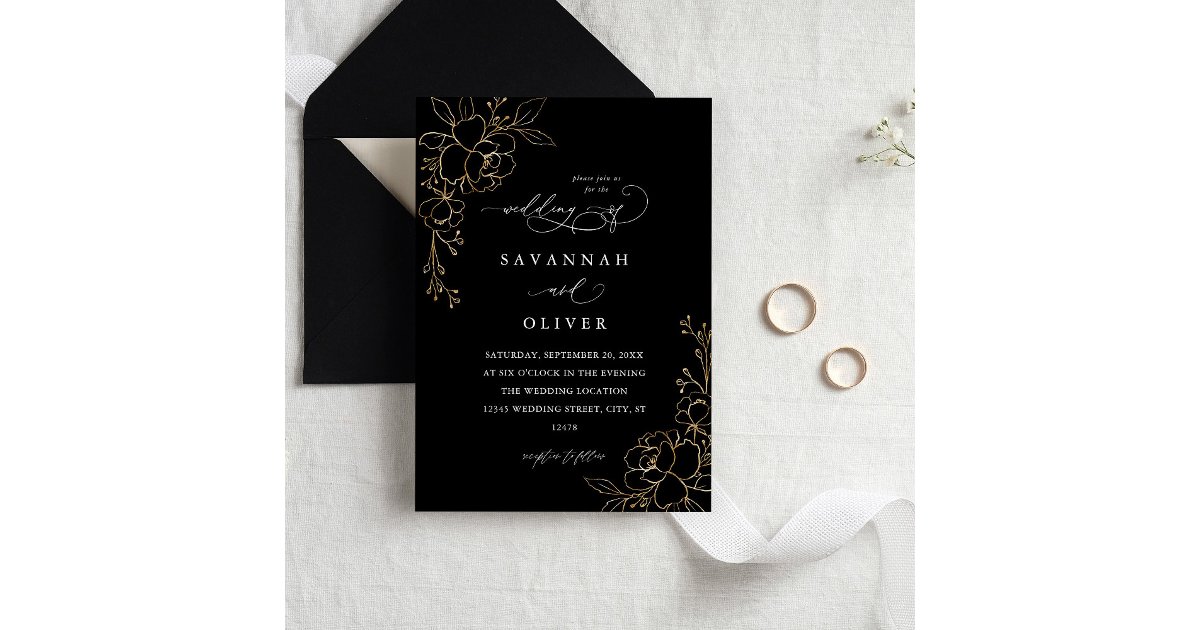 Gold Lined Floral Black Wedding Invitations | Zazzle