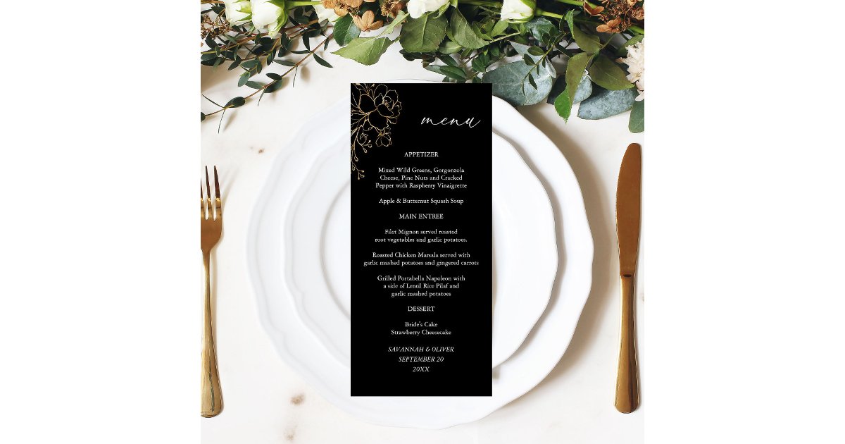 Gold Lined Floral Tall Menu - Black | Zazzle