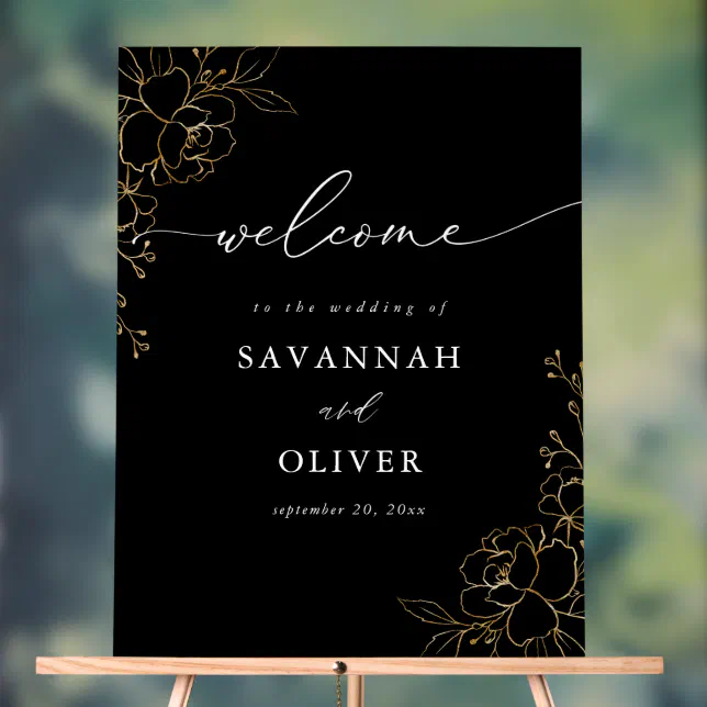 Gold Lined Floral Wedding Welcome - Black Acrylic Sign | Zazzle