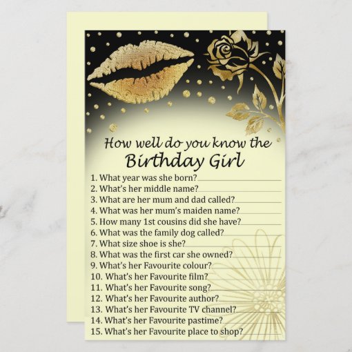 Gold Lips How well do you know the birthday girl | Zazzle