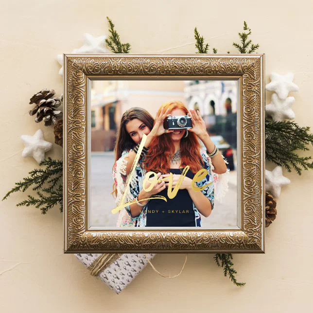 Gold Love Brush Script Overlay Couple Photo Memory Foil Prints | Zazzle