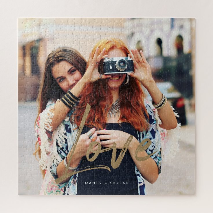 Gold Love Brush Script Overlay Couple Photo Memory Jigsaw Puzzle | Zazzle