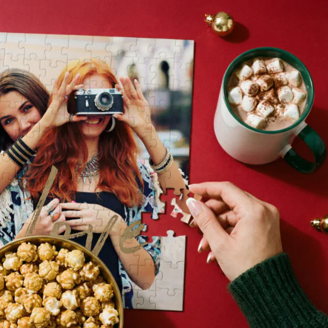 Gold Love Brush Script Overlay Couple Photo Memory Jigsaw Puzzle | Zazzle