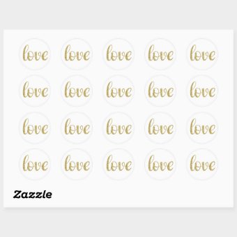 Gold love stickers, glitter font, round classic round sticker | Zazzle